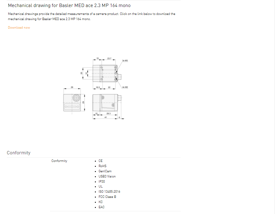 Basler MED ace 2.3 MP 164 mono, Basler MED ace Camera Series, Scan ...